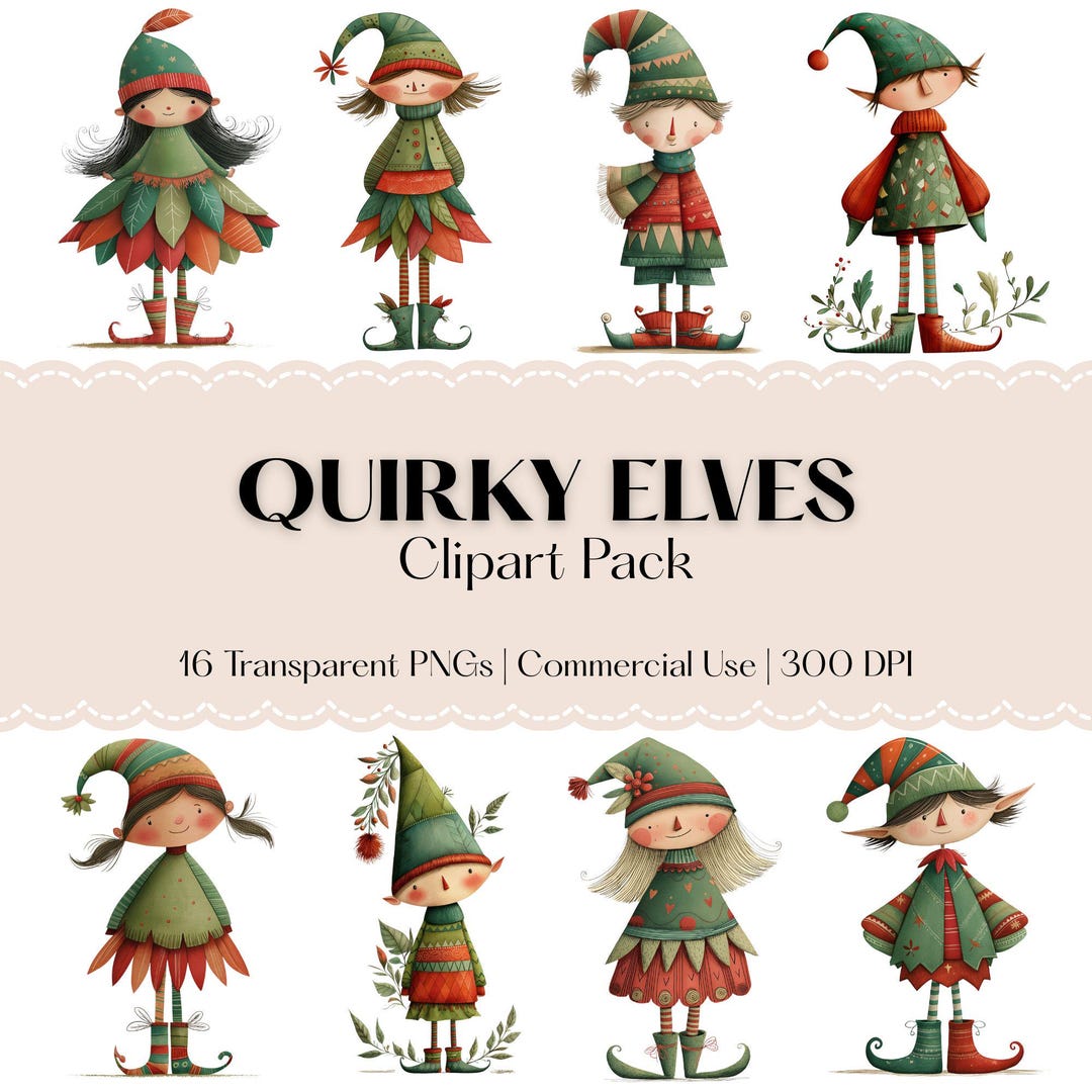 Whimsical Quirky Elves Clipart Set - 16 Watercolor PNG in Traditional ...