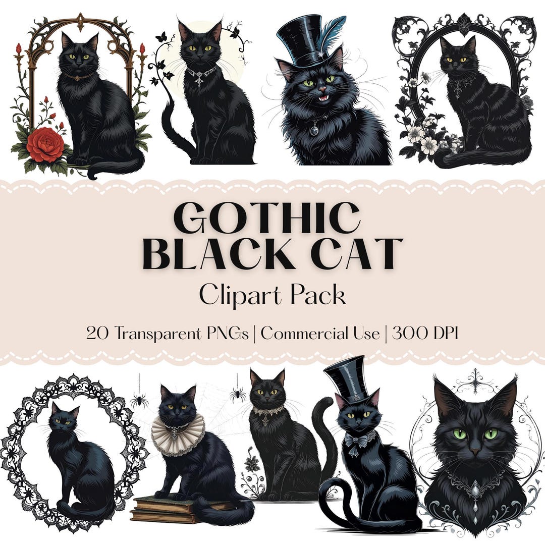 Mysterious Gothic Black Cat Clipart - Victorian Halloween Decor - Dark ...