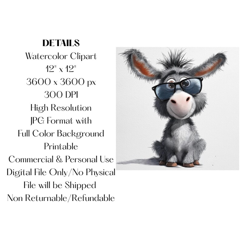 Silly Donkey Clipart Set - Watercolor JPG Illustrations - Commercial ...
