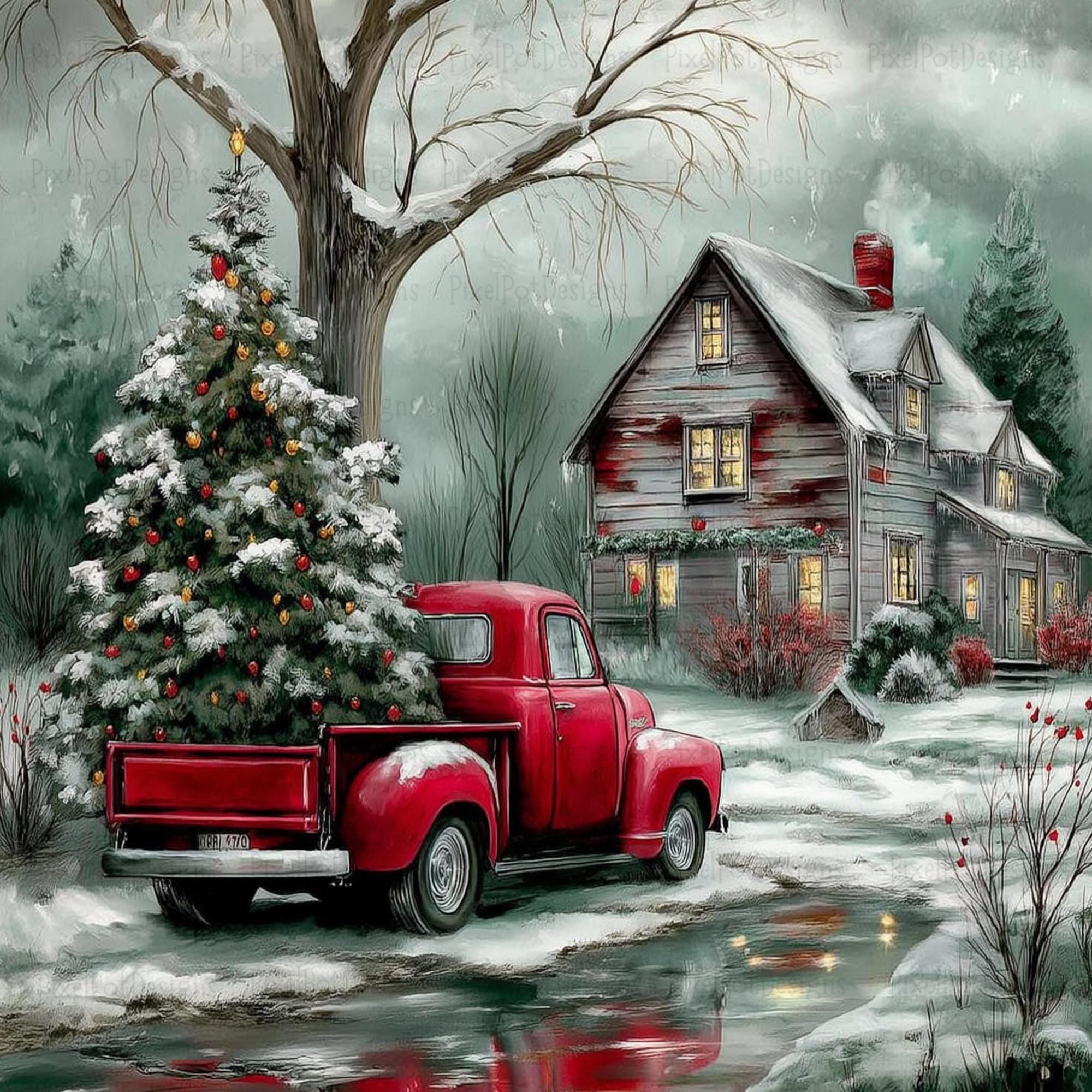 Country Christmas Clipart Set - Vintage Red Trucks, Quaint Farmhouses ...