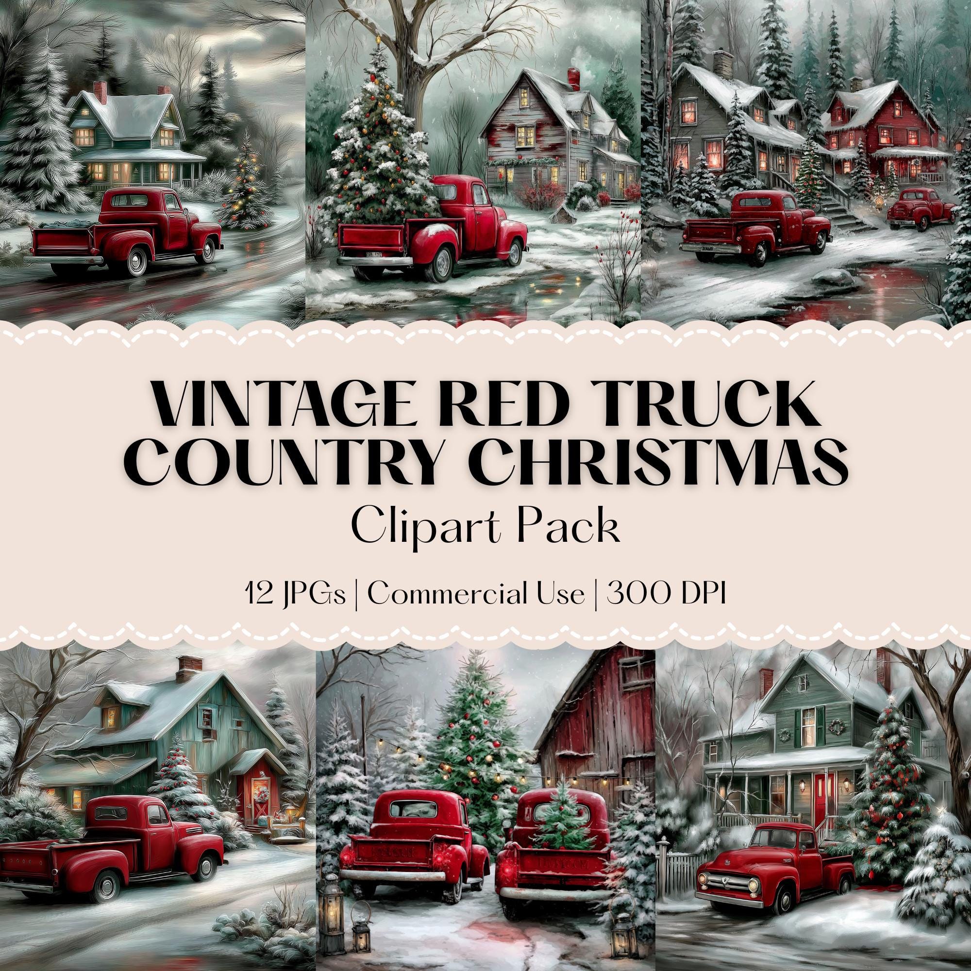 Country Christmas Clipart Set - Vintage Red Trucks, Quaint Farmhouses ...