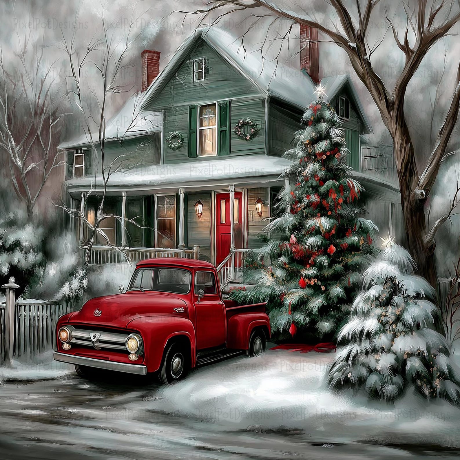 Country Christmas Clipart Set - Vintage Red Trucks, Quaint Farmhouses ...