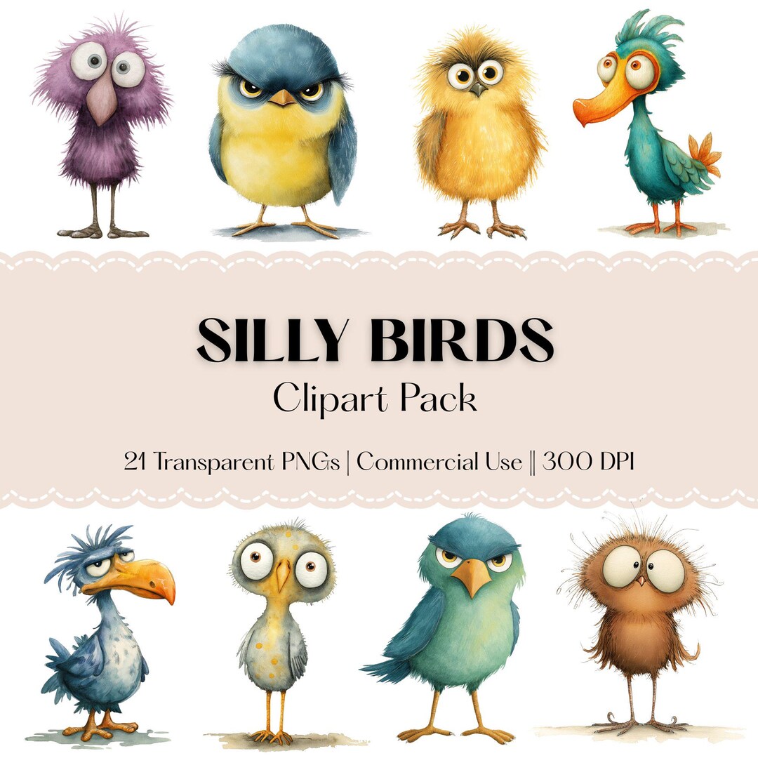 Silly Birds Clipart Set: 21 Watercolor PNG Illustrations - Colorful ...