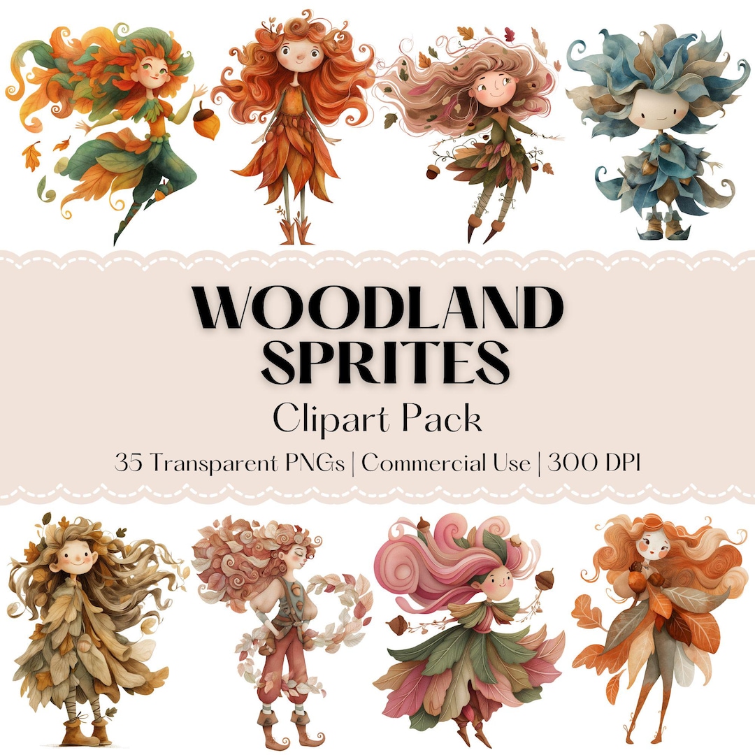 Whimsical Woodland Sprites Clipart - Watercolor Autumn Pngs - Cute ...