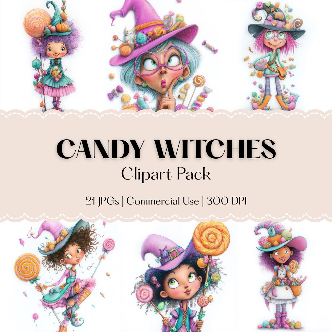 Candy Witches Clipart Set - Watercolor JPG Illustrations for Crafting ...