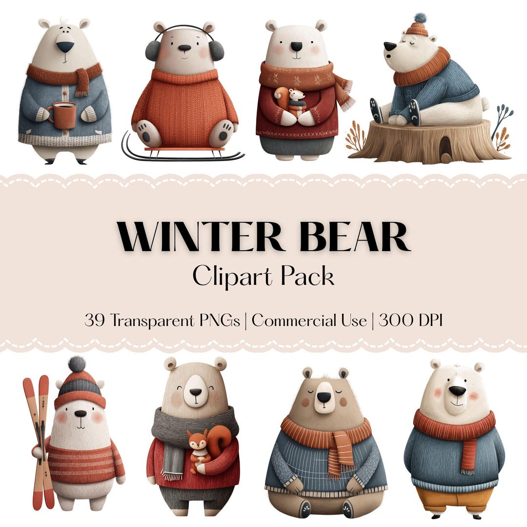 Winter Bear Clipart Set: Cozy Elements - Watercolor PNG for Nursery ...