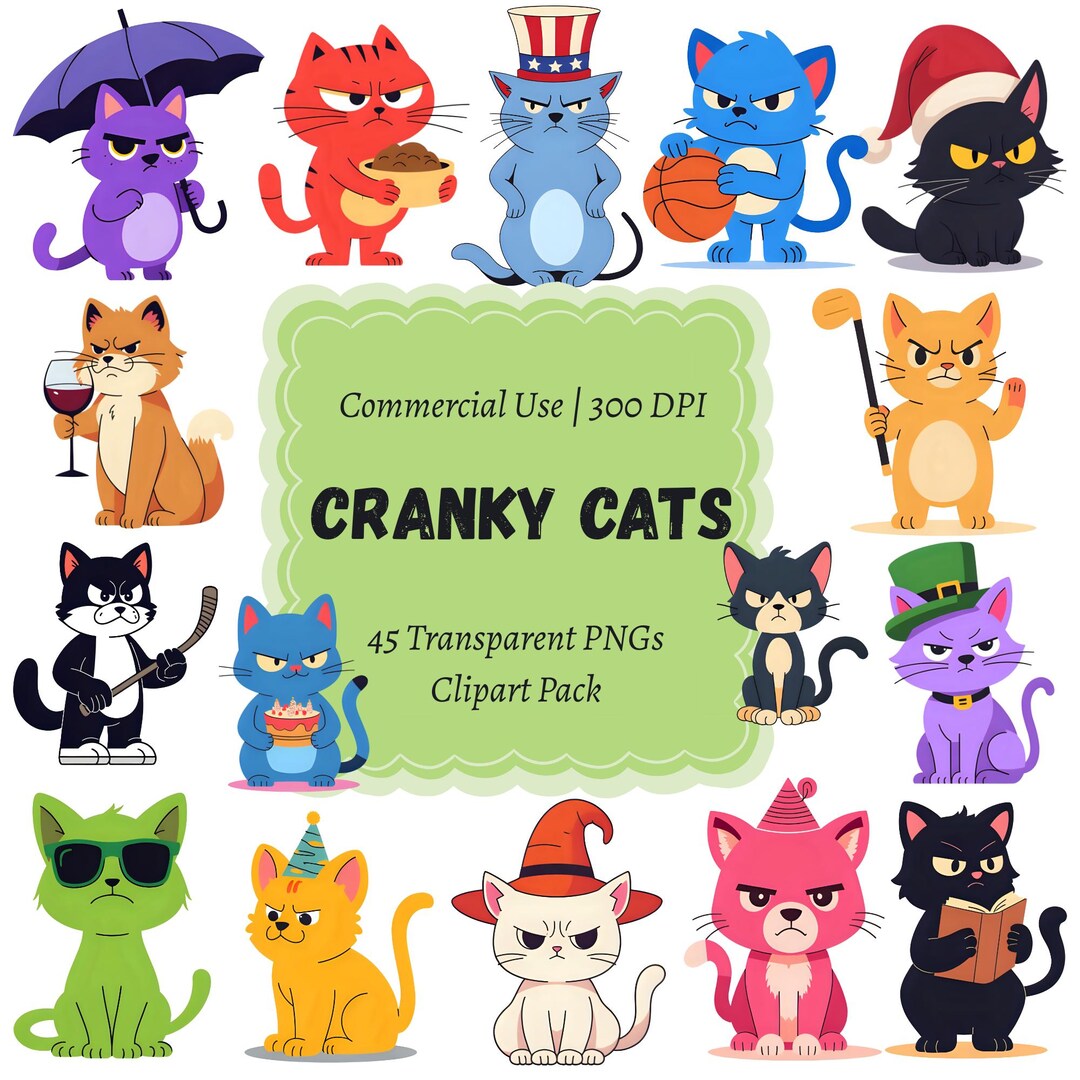 Cranky Cats Clipart - Grumpy Cats - Cartoon Kittens - Colorful Animals ...