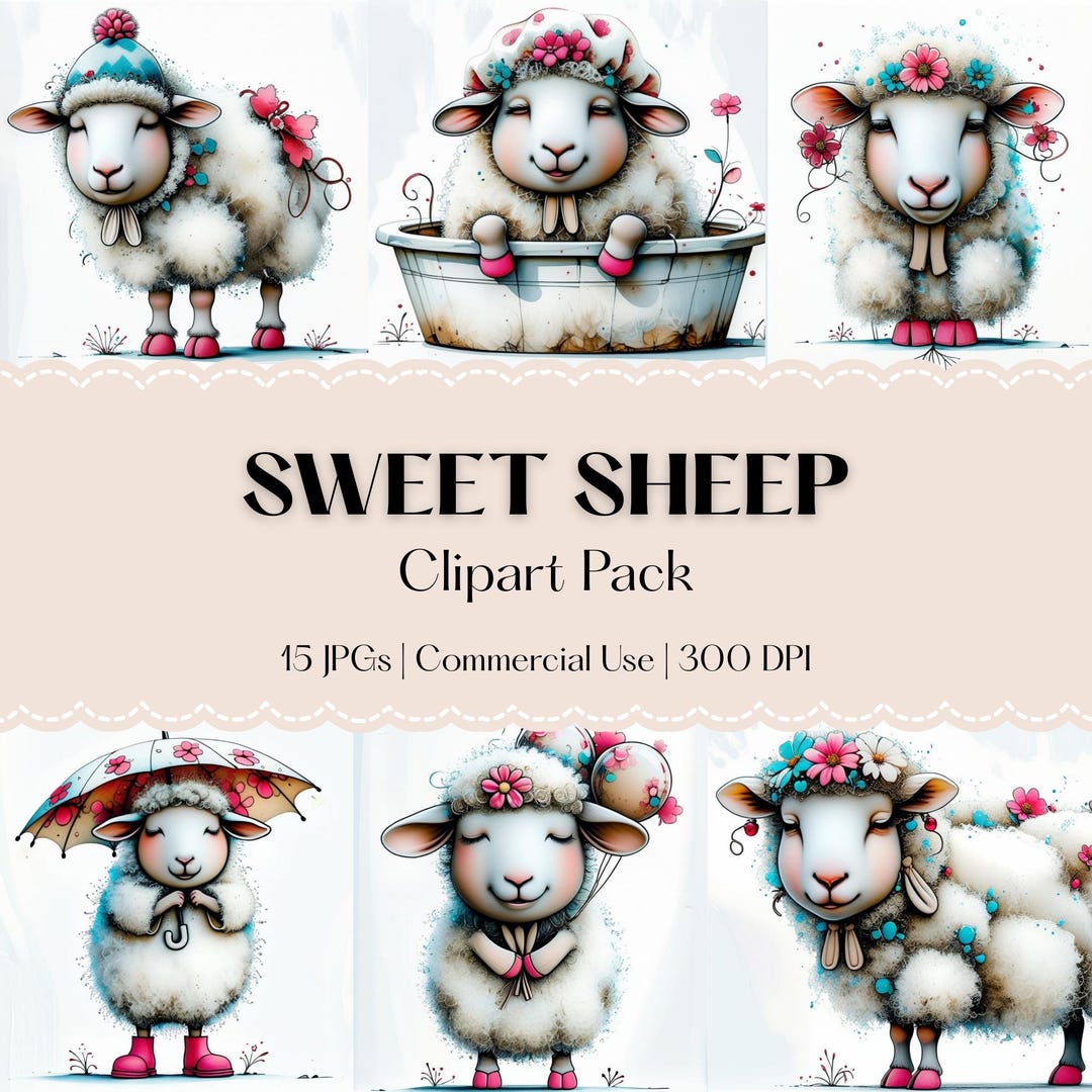 Whimsical Watercolor Sheep Clipart Set in Dreamy Pastel Tones: 15 Jpgs ...