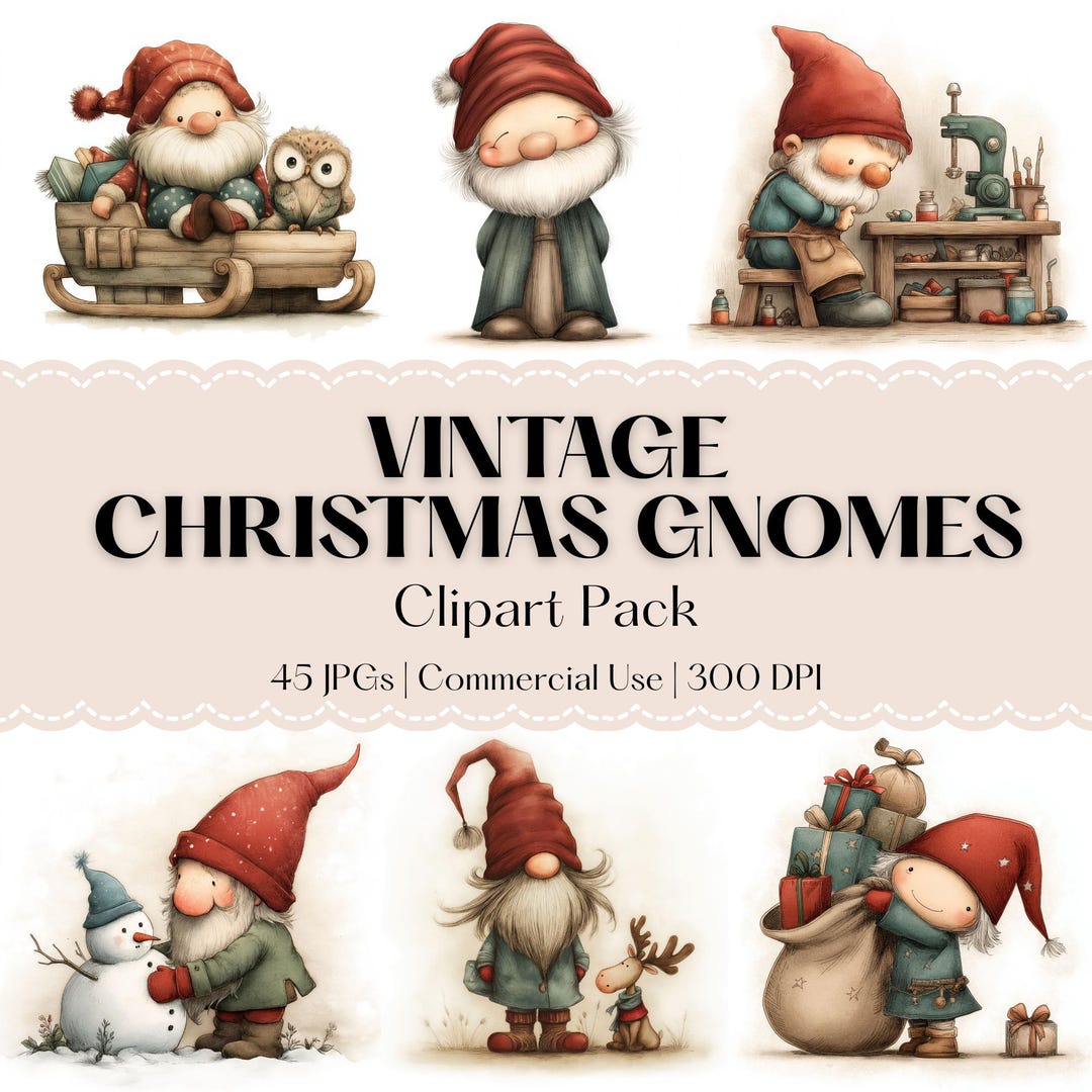 Vintage Christmas Gnomes Clipart Set - Watercolor JPG in Brushed Shades ...