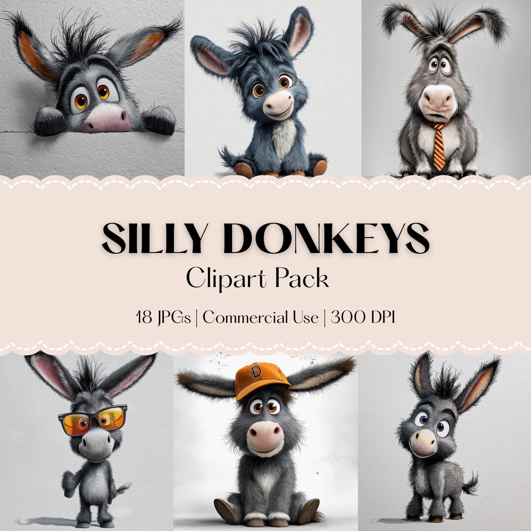 Silly Donkey Clipart Set - Watercolor JPG Illustrations - Commercial ...