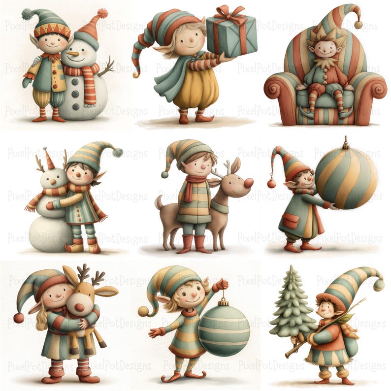 Vintage Elves Clipart Set - Watercolor JPG Digital Illustrations - for ...