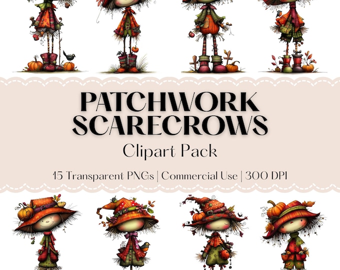 10 Scarecrows Clipart Bundle, PNG & JPG, Printable Patchwork Scarecrow ...
