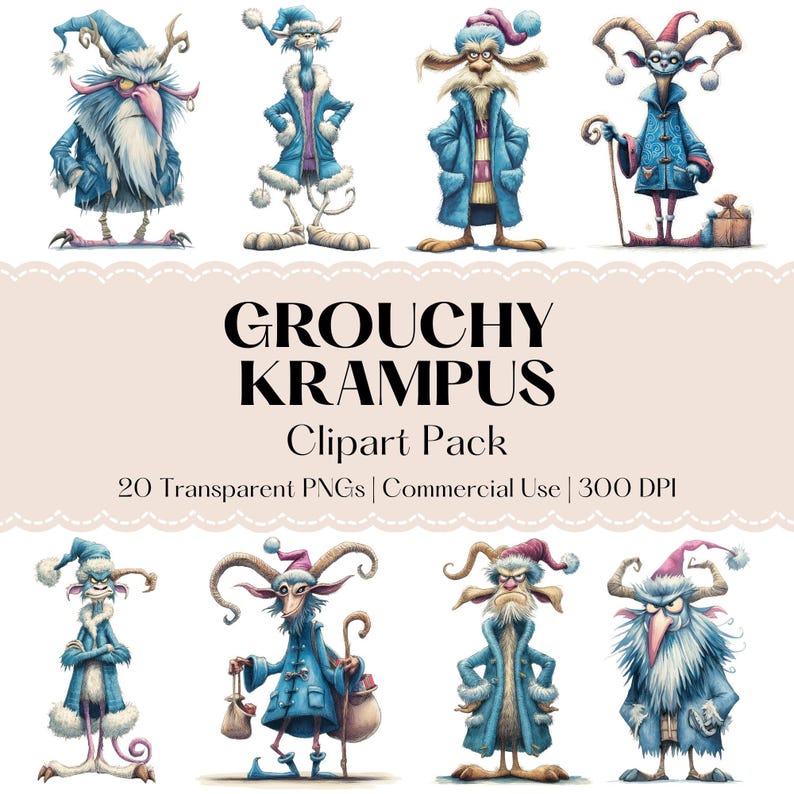Grouchy Krampus Clipart Set - Quirky Watercolor PNG Illustrations ...