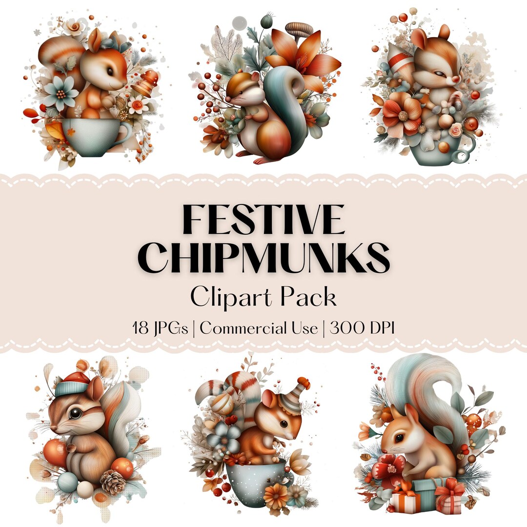 Festive Chipmunks Clipart Set - 18 Cute Watercolor JPG Illustrations ...