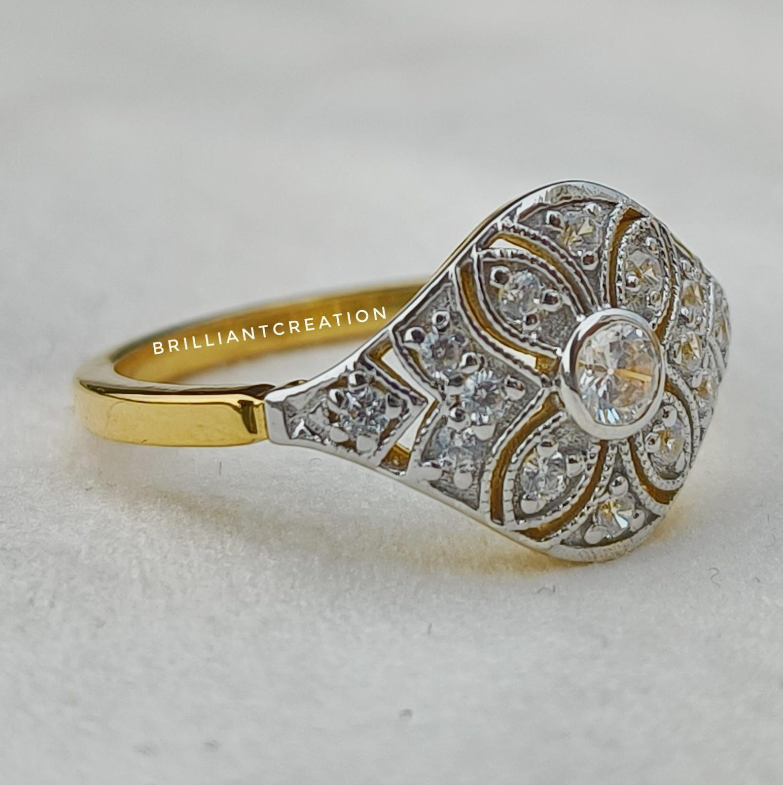 Victorian Style Filigree Engagement Ring: Two Tone Gold Art Deco - Etsy