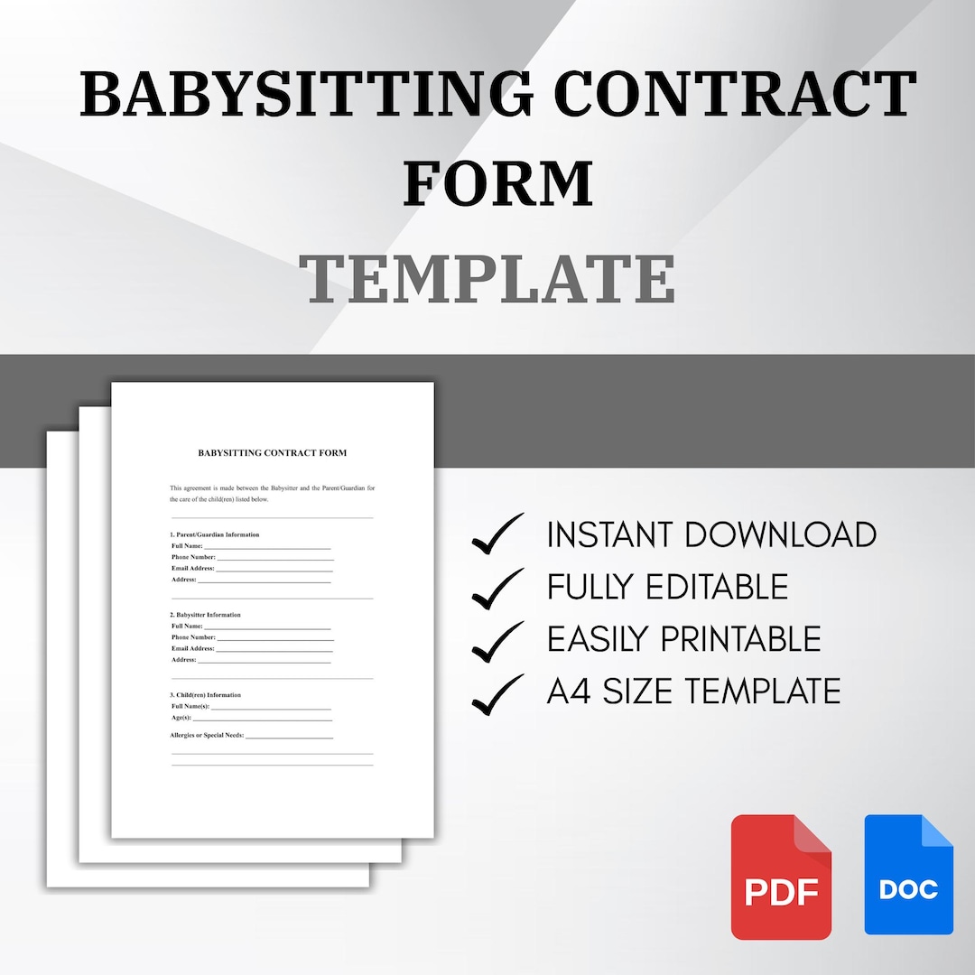 Babysitting Contract Form – Editable Child Care Agreement in DOC & PDF ...