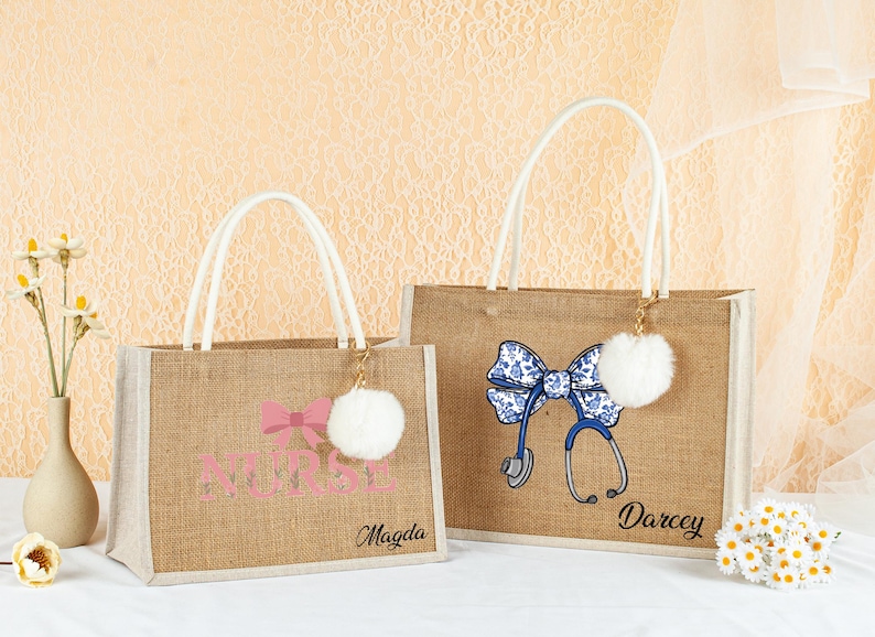 Custom Nurse Burlap Bags, Cotton Handles & Plush Charm, Gift for Nurse ...