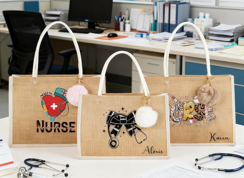 Custom Nurse Burlap Bags, Cotton Handles & Plush Charm, Gift for Nurse ...