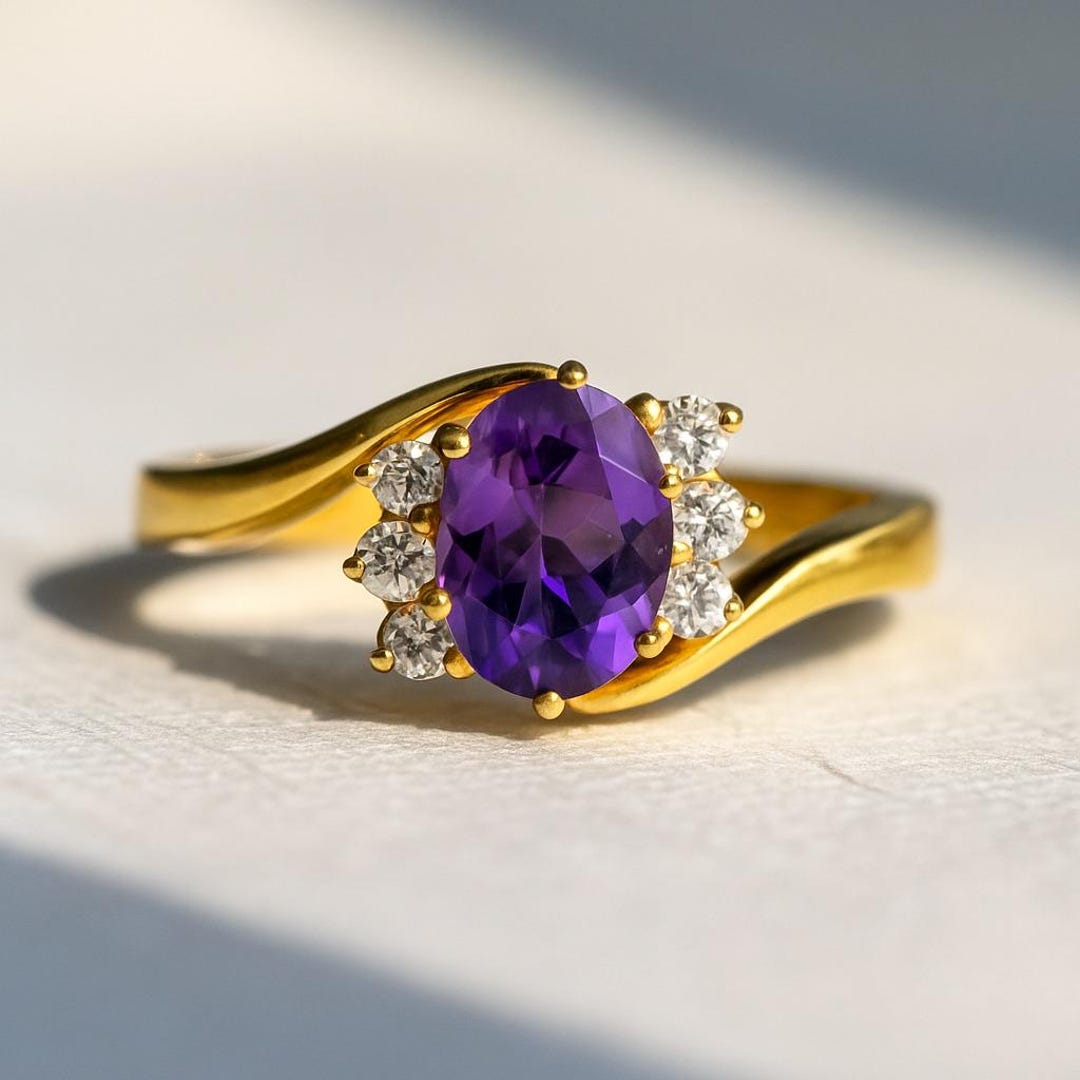 Oval Amethyst & Diamond Accent Ring in Gold or Silver – Elegant ...