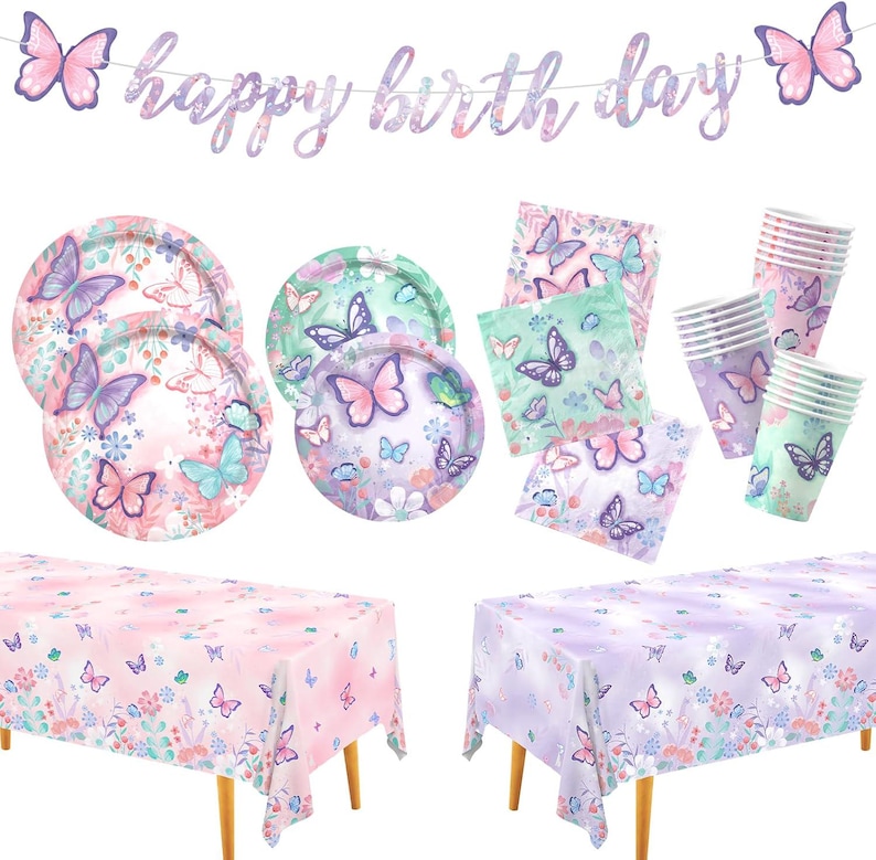 Butterfly Birthday Party Supplies – Plates, Cups, Banner, Tablecloth - Etsy