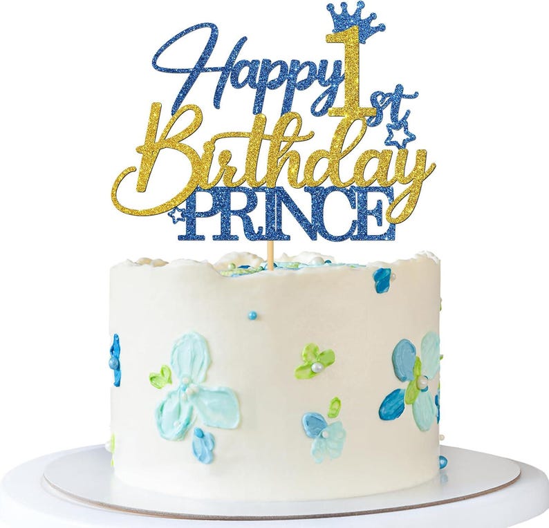 Prince 1st Birthday Cake Topper - Blue & Gold Glitter - Etsy
