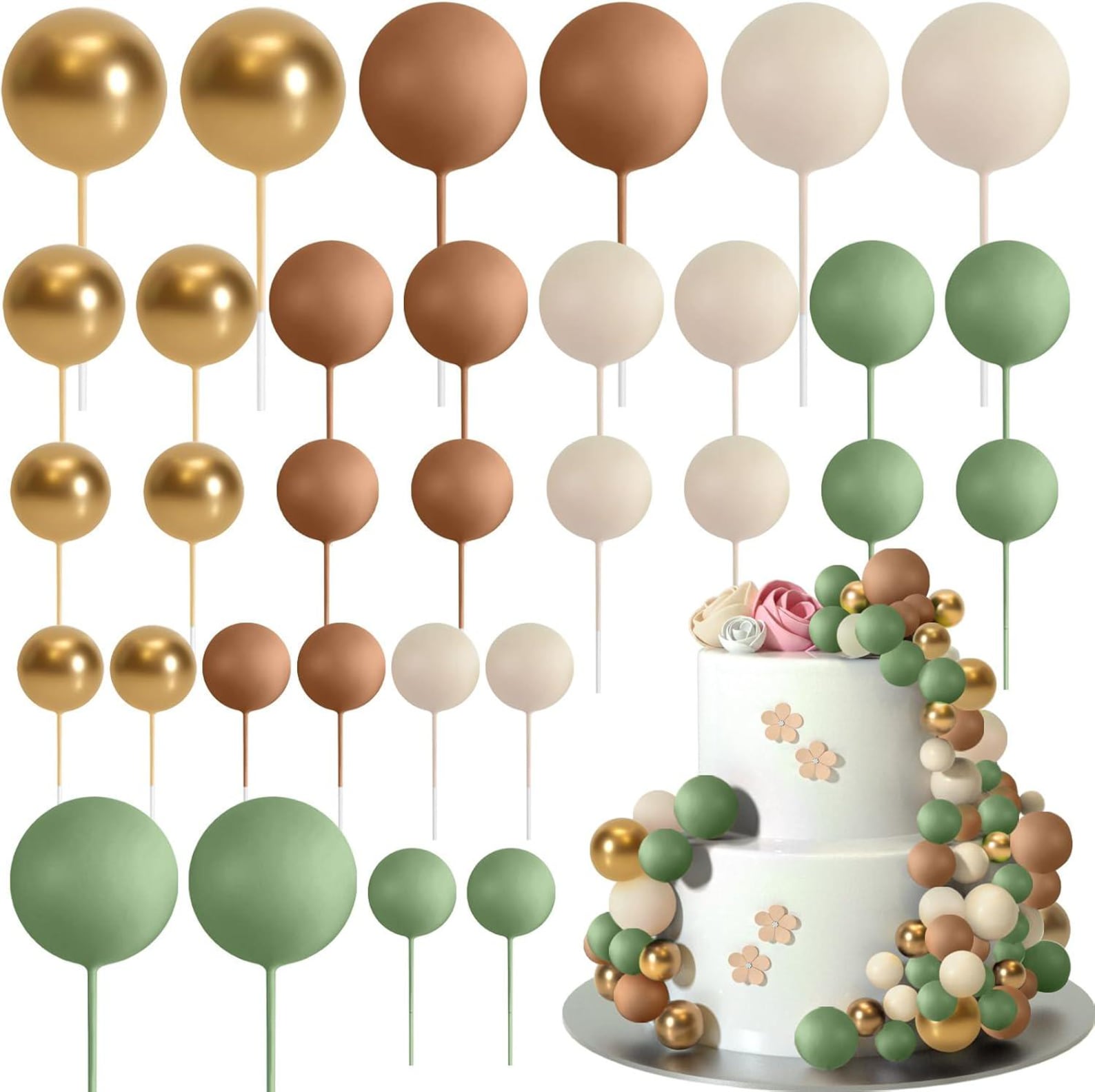 Ball Cake Topper Set: Green, Brown, and Gold (32 Pcs) - Etsy