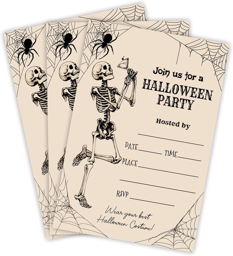 Halloween Party Invitations With Envelopes, Retro Skeleton and Cobwebs ...