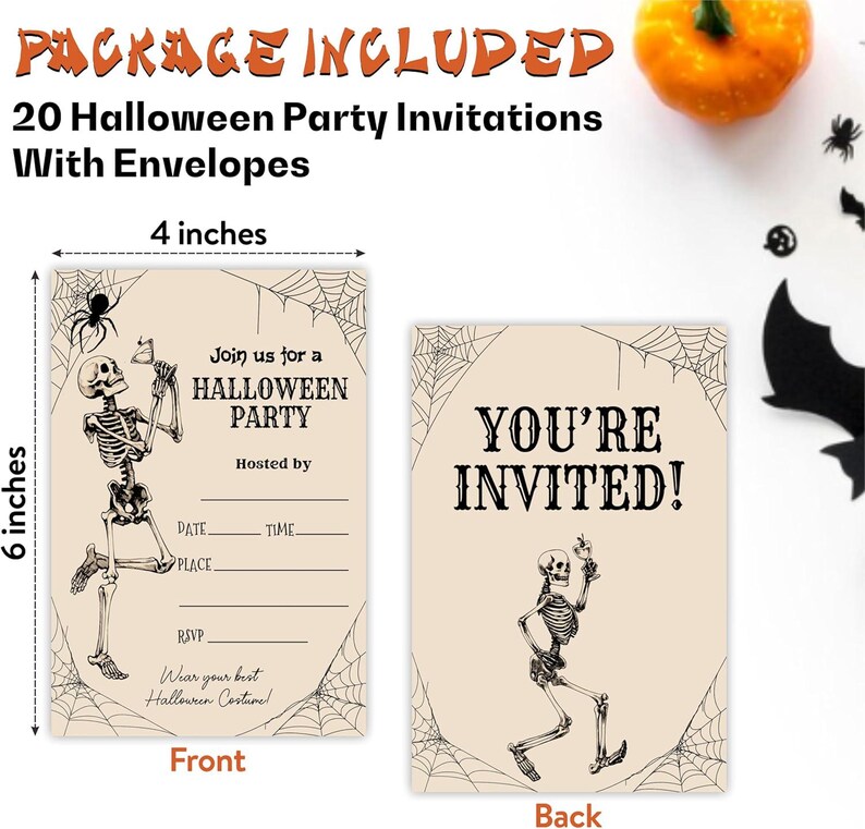 Halloween Party Invitations With Envelopes, Retro Skeleton and Cobwebs ...