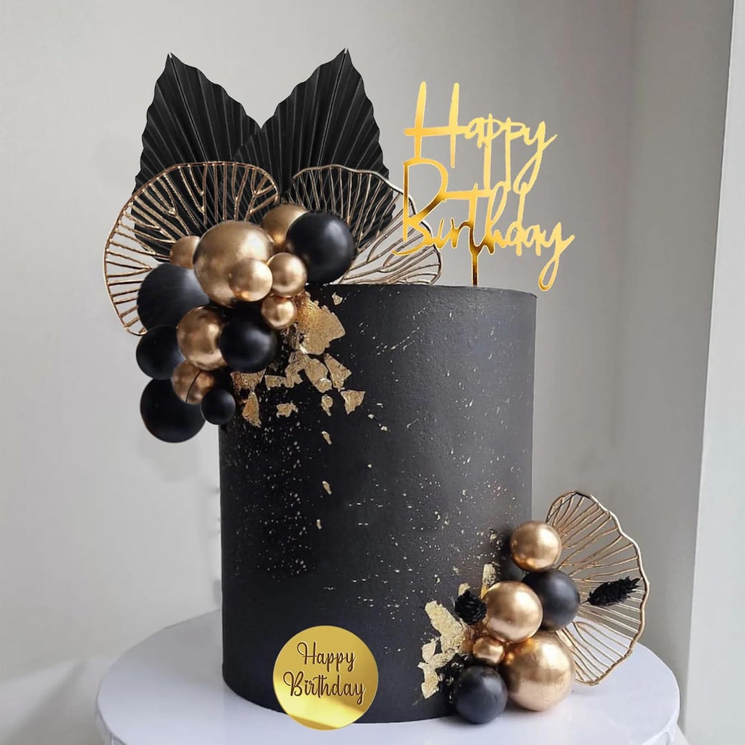 Man Cake Toppers Happy Birthday Cake Topper Black Gold Balls Cake ...