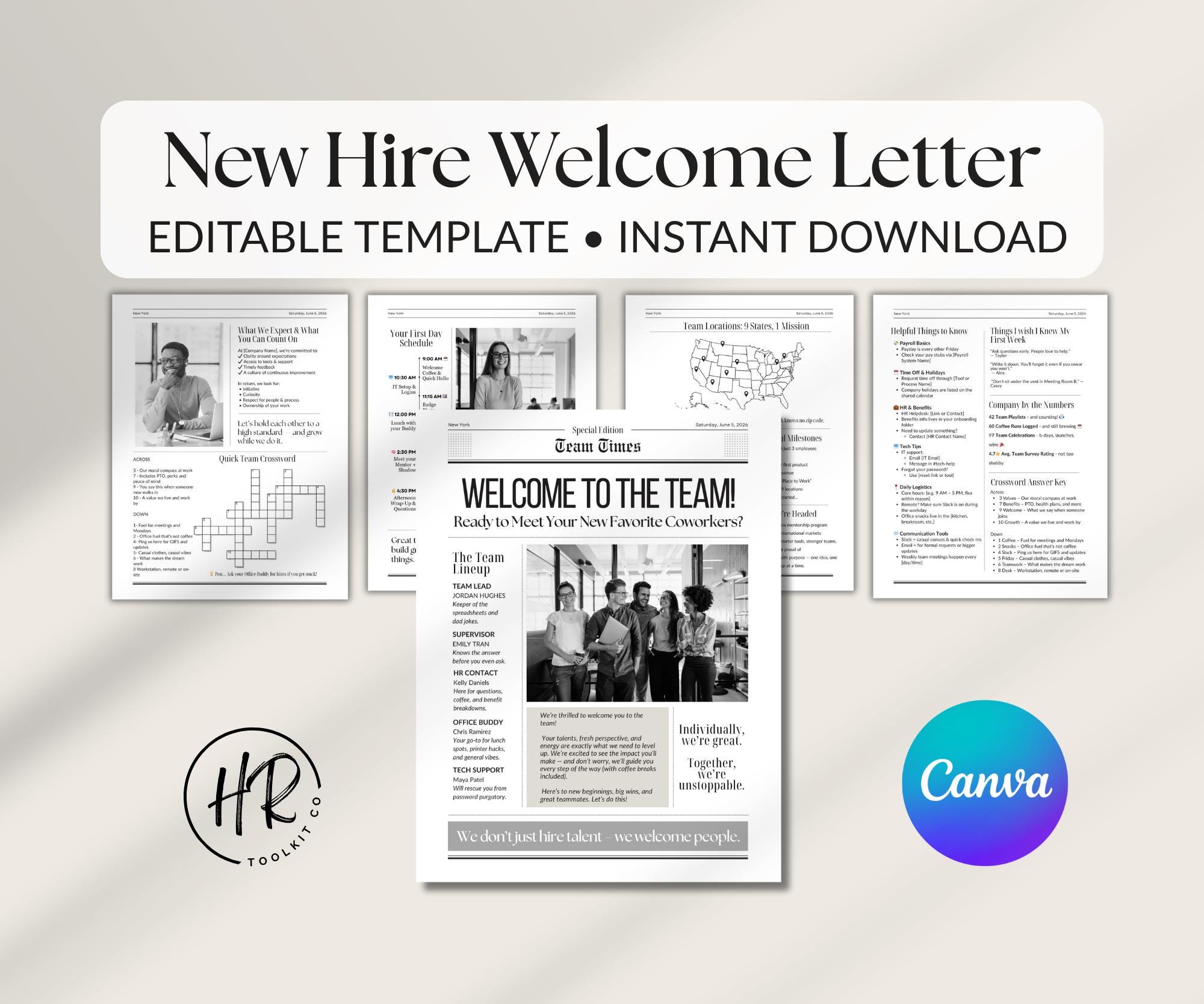 New Hire Welcome Newspaper Template: Editable Canva Onboarding ...