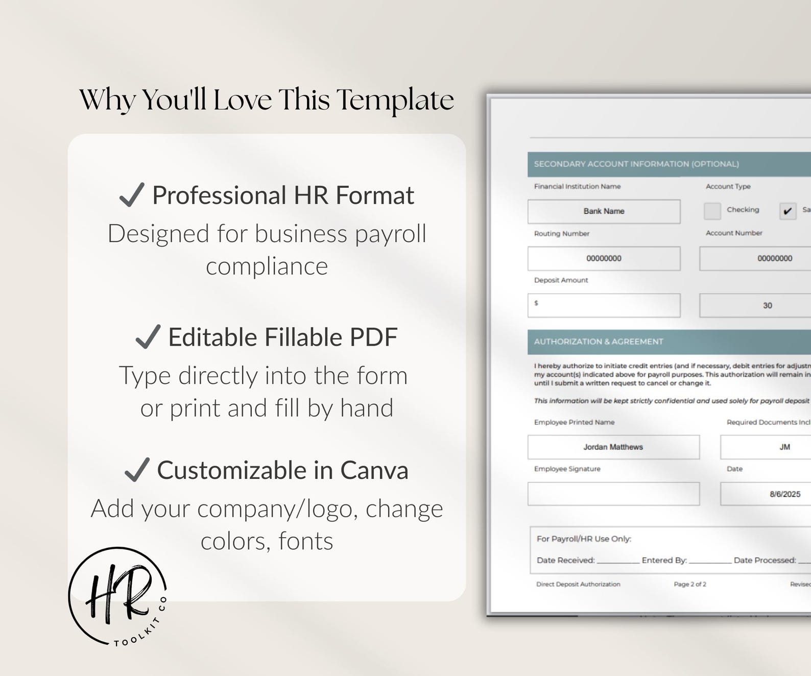 Direct Deposit Authorization Form | Payroll Onboarding Template ...