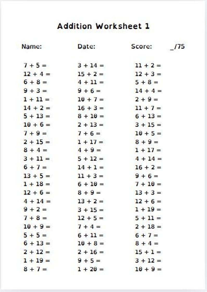 Addition Worksheets: Math Drills for Kids Ages 6-10 (PDF Printable) - Etsy