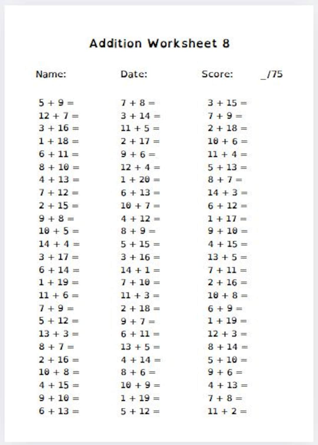 Addition Worksheets: Math Drills for Kids Ages 6-10 (PDF Printable) - Etsy