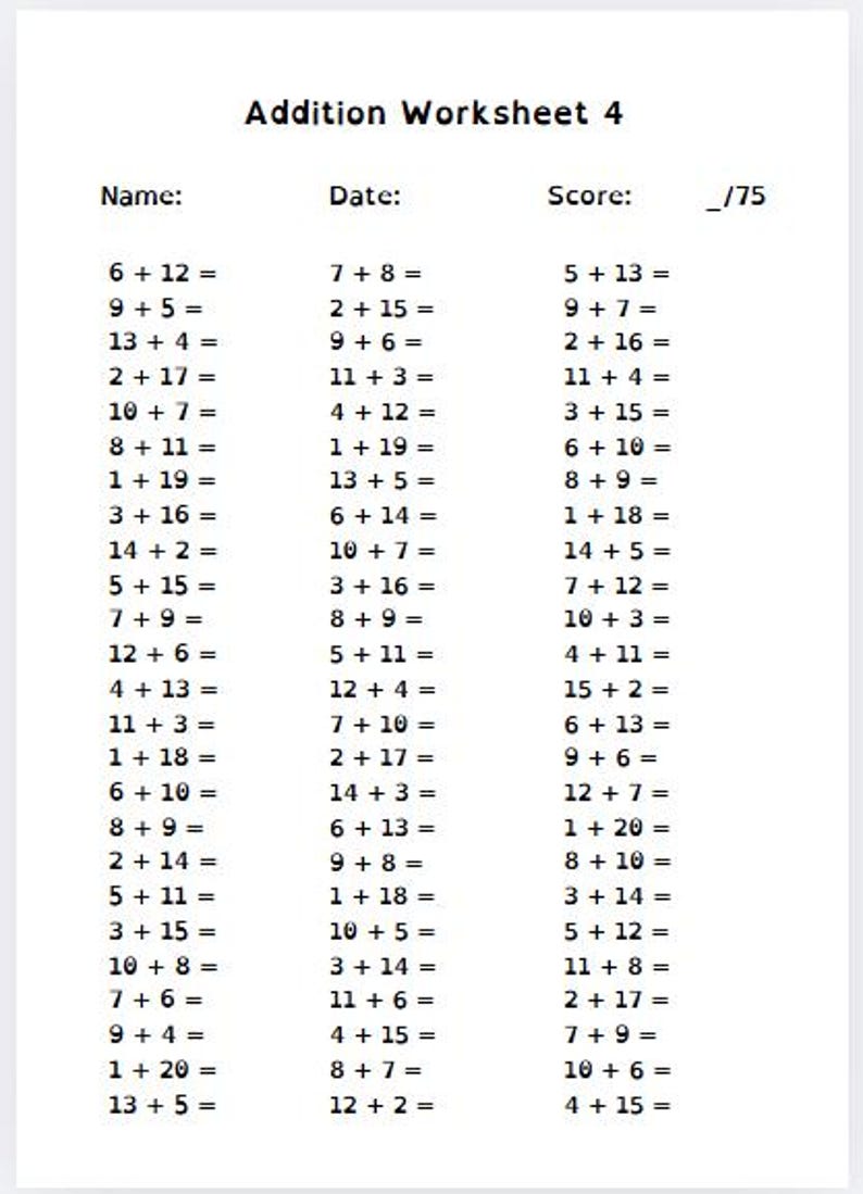 Addition Worksheets: Math Drills for Kids Ages 6-10 (PDF Printable) - Etsy