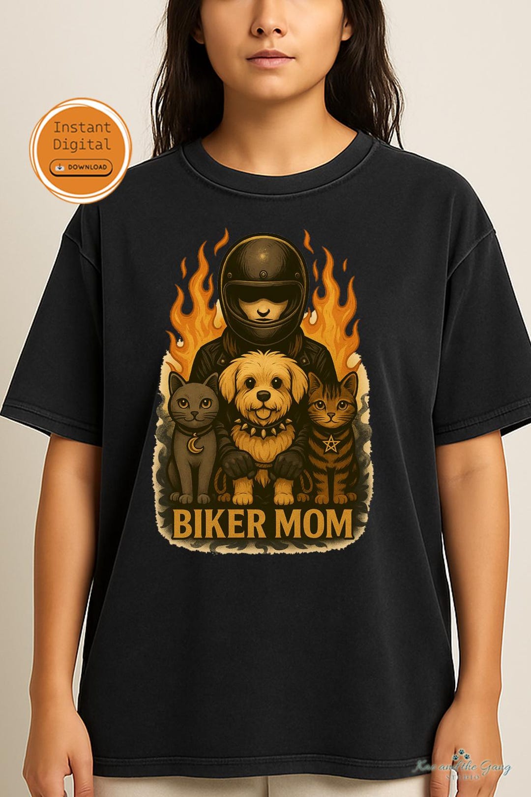 Biker Mom PNG – Motorcycle Cat and Dog Sublimation Design – Hot Flame ...