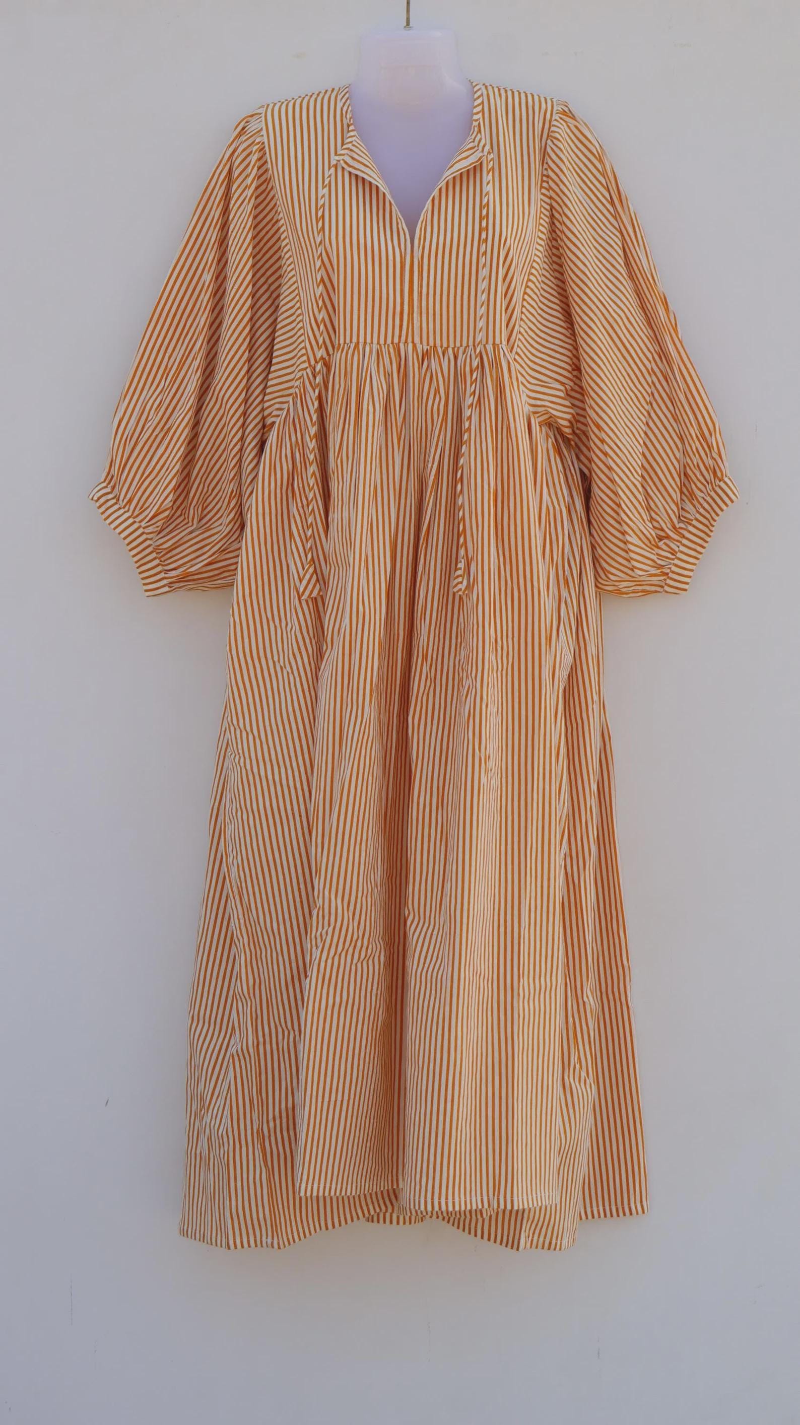 Striped Block Print Cotton Gauze Dress: Deep Neck Summer Midi Dress - Etsy