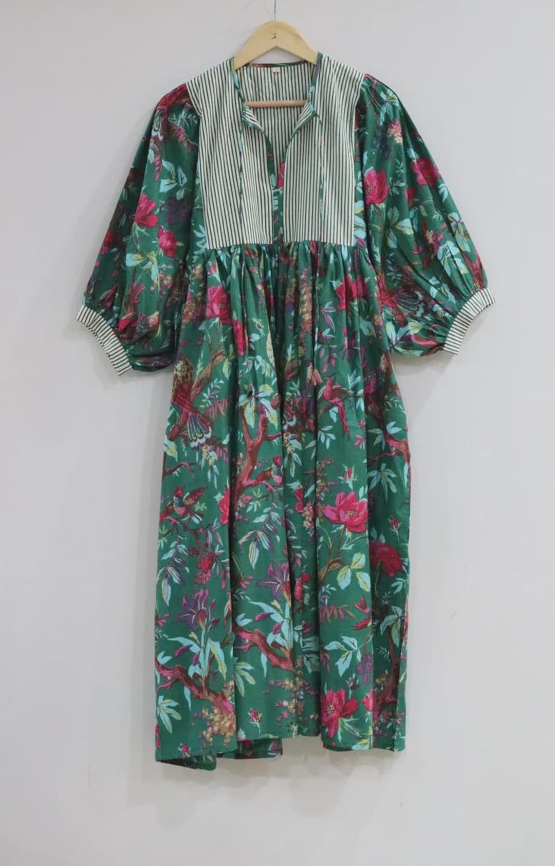 Cotton Gauze Bird Print Dress: Deep Neck Block Print - Etsy
