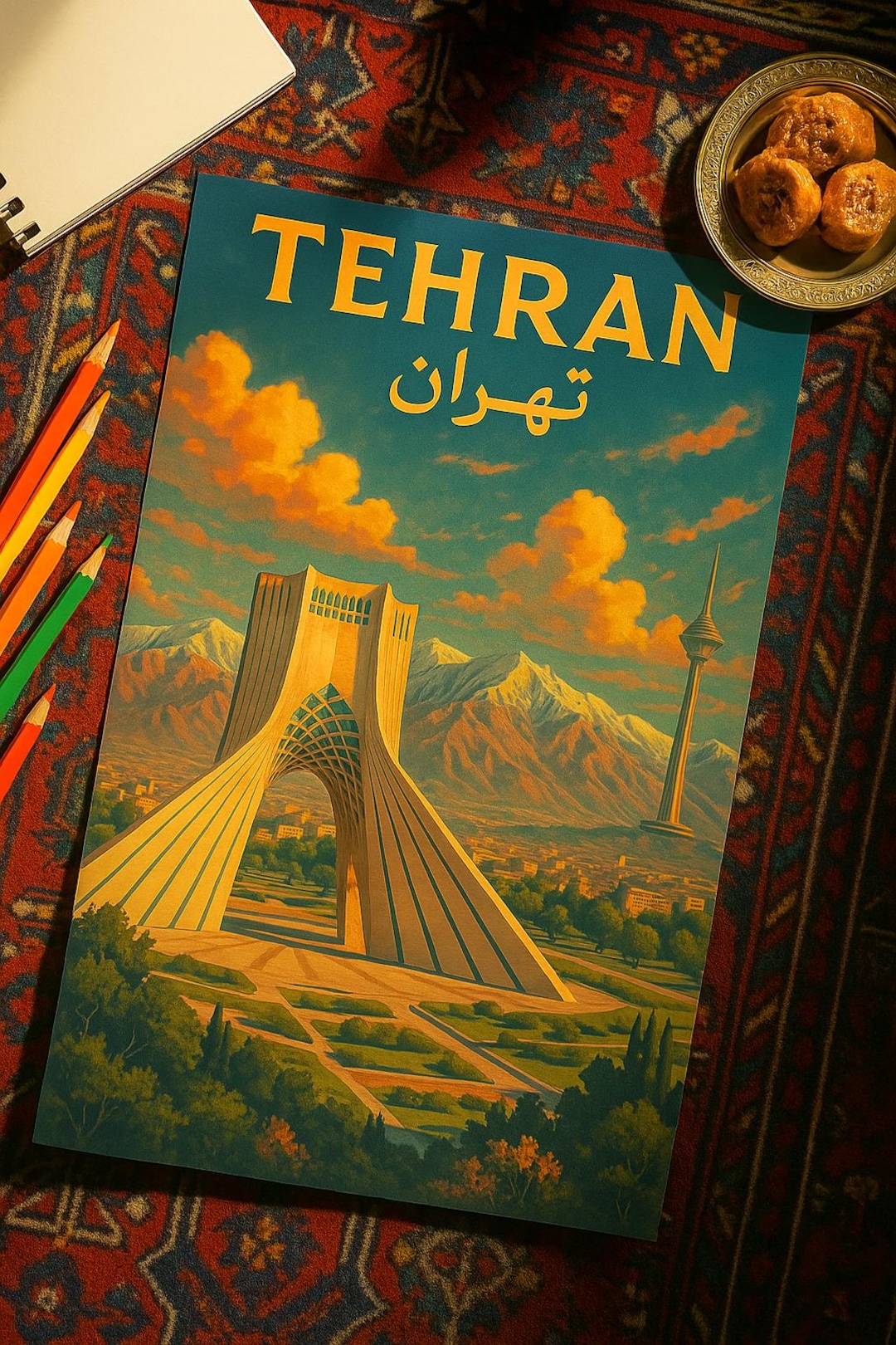 Vintage Tehran Iran Travel Poster Print – Azadi Tower, Milad Tower ...