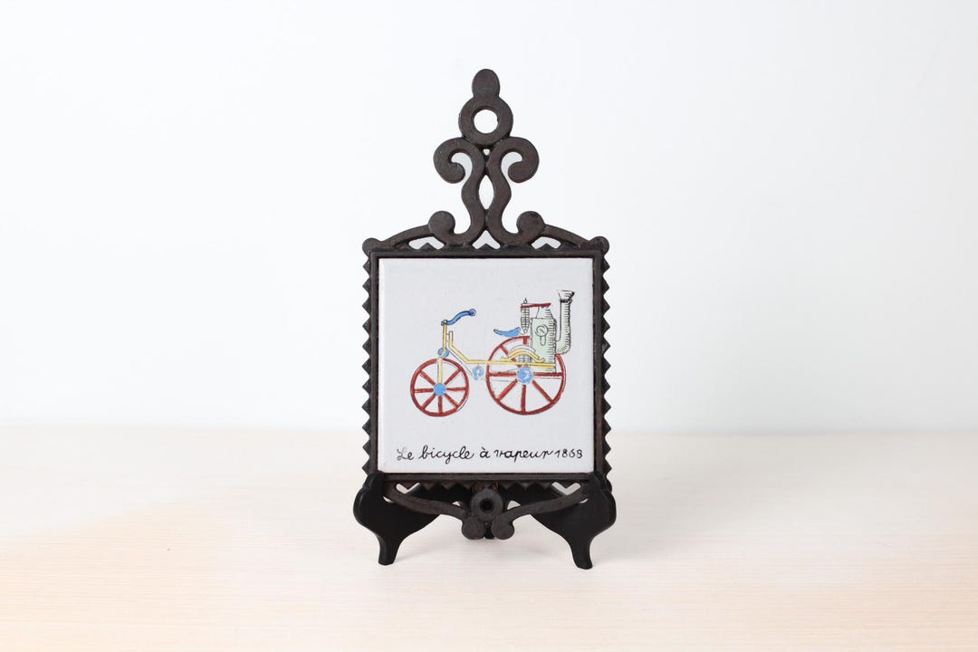 Vintage Cast Iron & Ceramic Tile Trivet With French Bicycle ...
