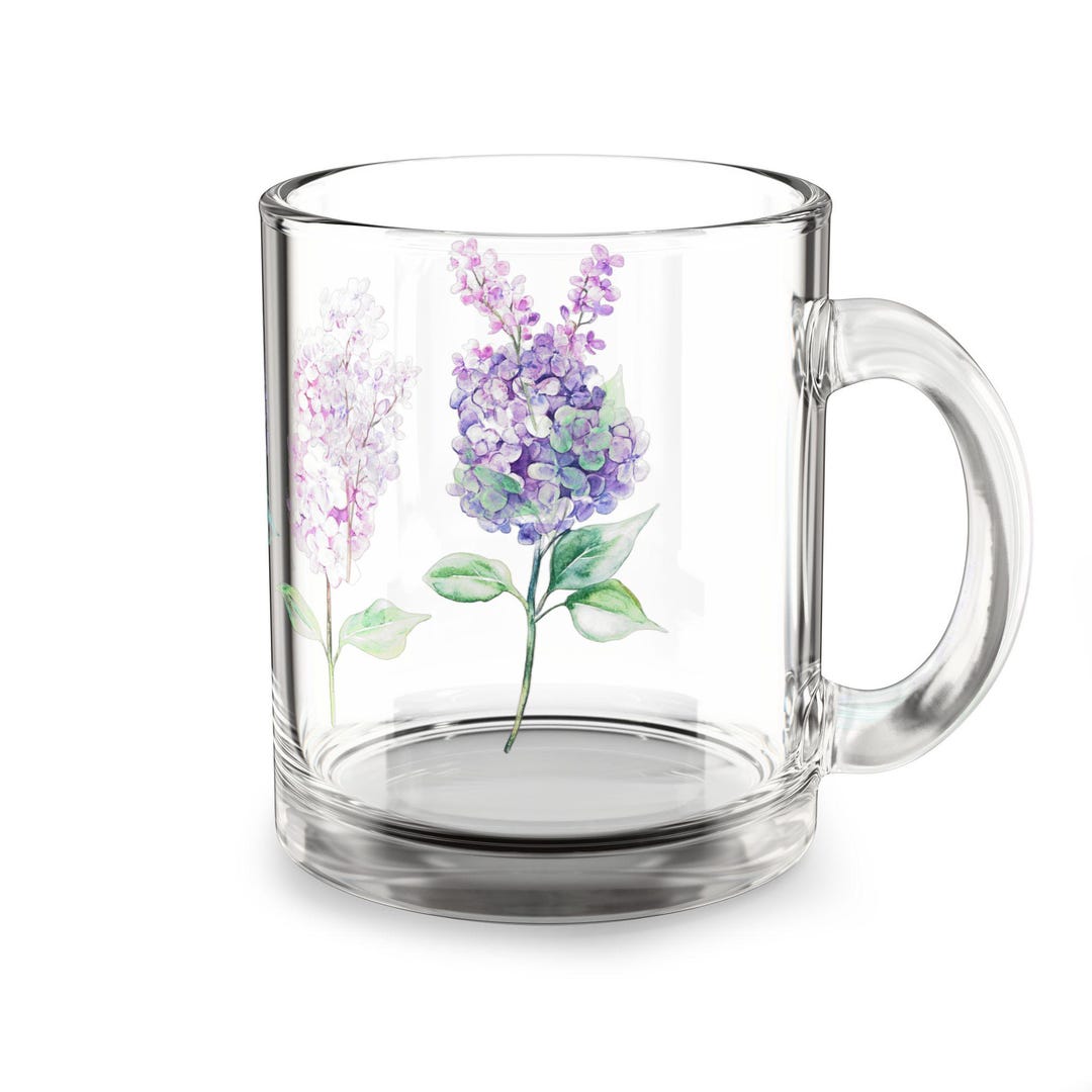 Lilac Floral Glass Mug - 10oz, Botanical Drinkware, Tea Lover Gift ...