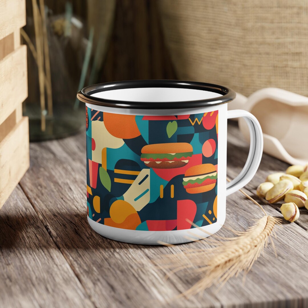 Colorful Summer Cookout Enamel Camp Cup, Retro Outdoor Mug, Perfect for ...