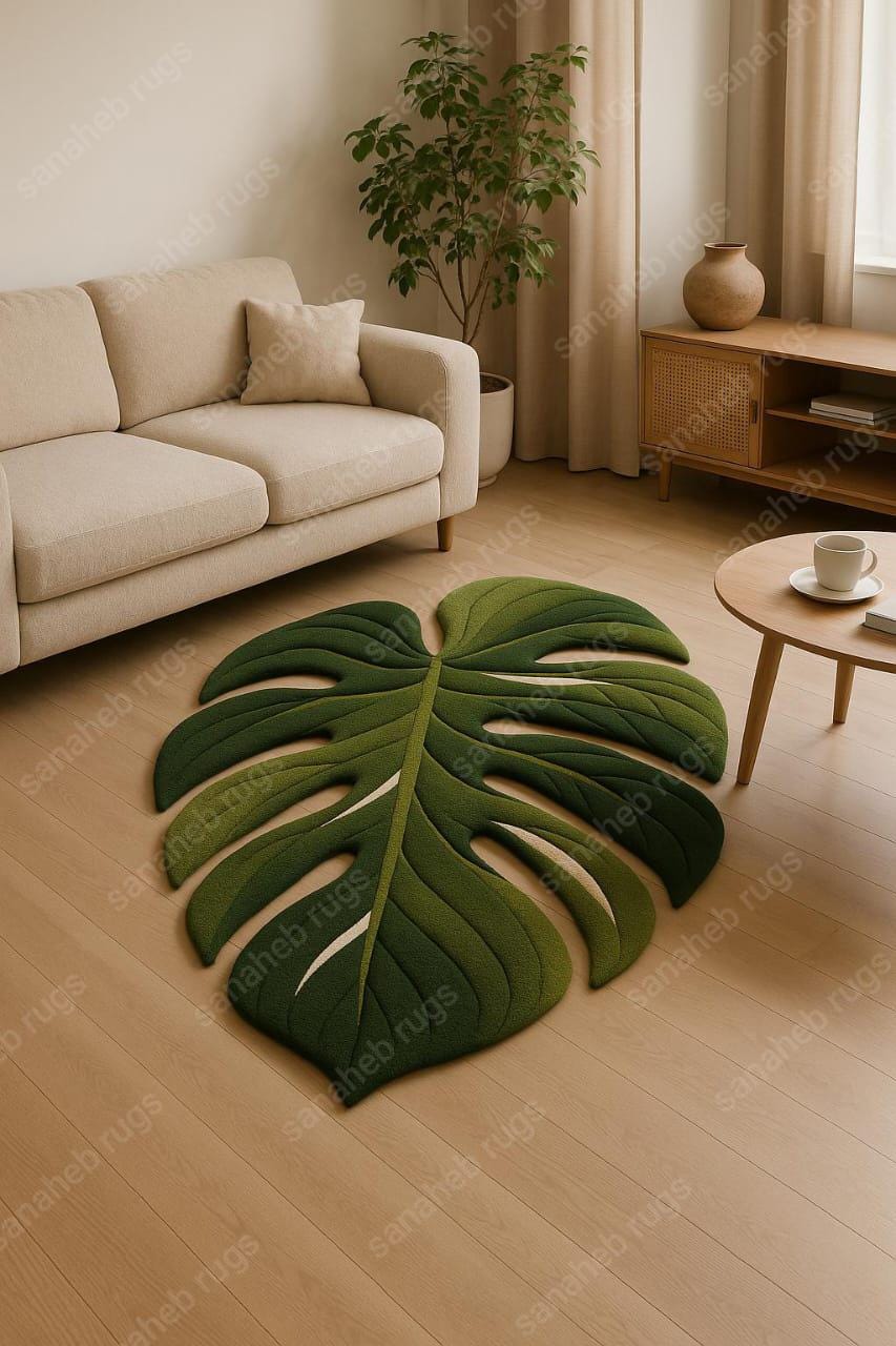 Hand Tufted Wool Monstera Leaf Rug, Tropical Botanical Carpet, Living ...