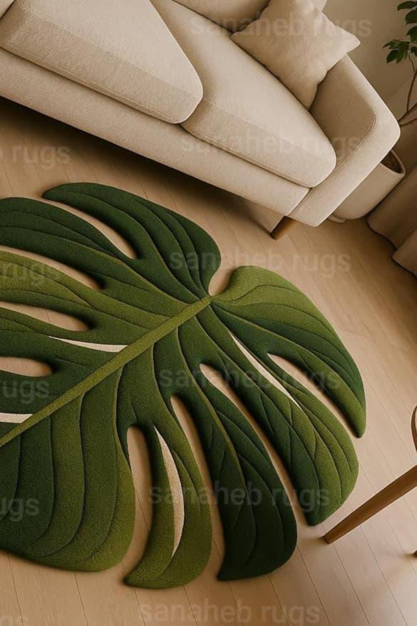 Hand Tufted Wool Monstera Leaf Rug, Tropical Botanical Carpet, Living ...