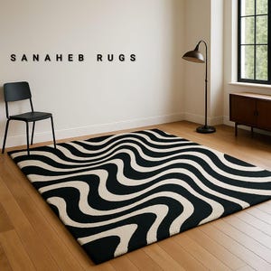 Wavy Black and White Wool Rug | Modern Optical Illusion Carpet - Etsy