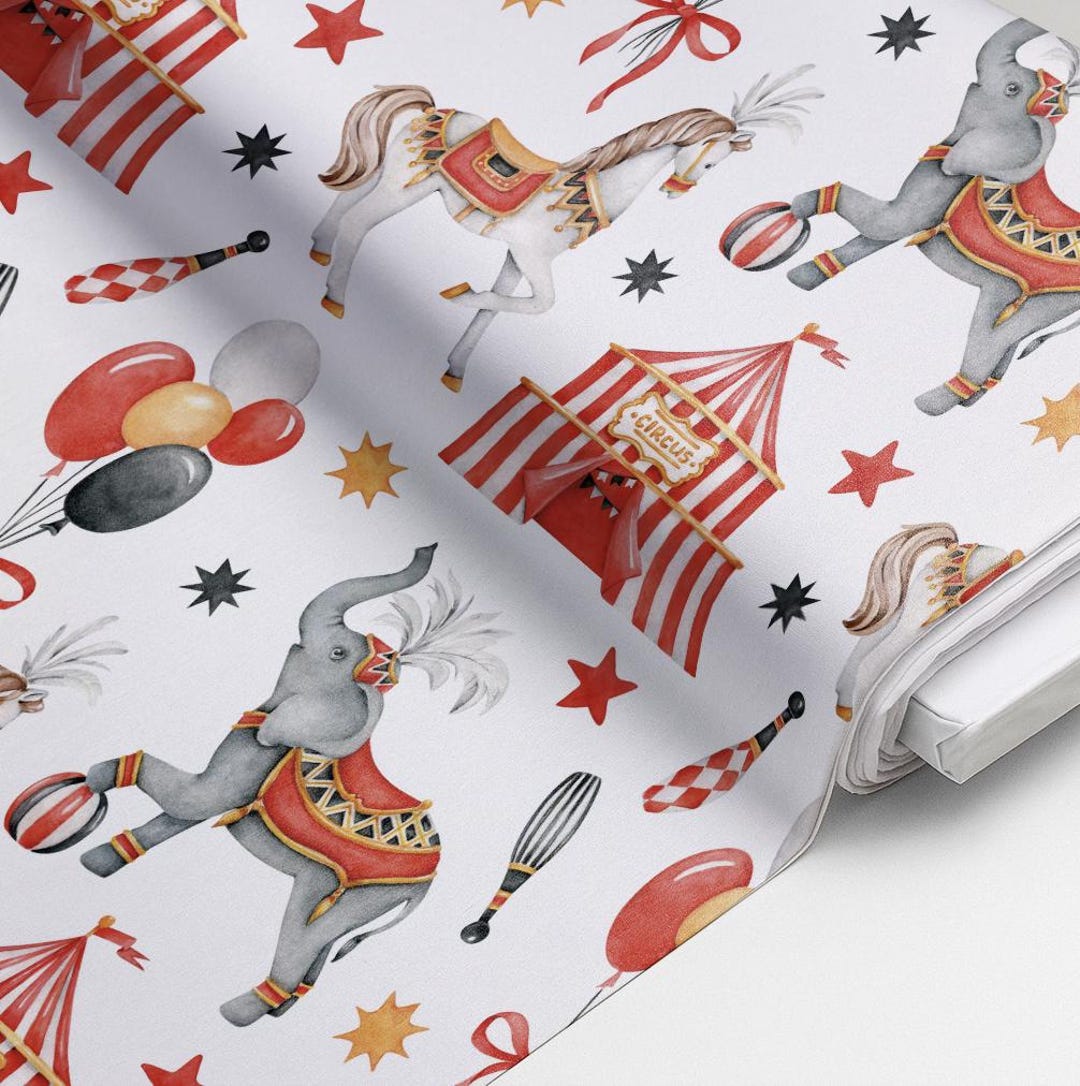 100% Cotton Fabric, Circus - Red, Circus, Elephants, Circus Tent ...