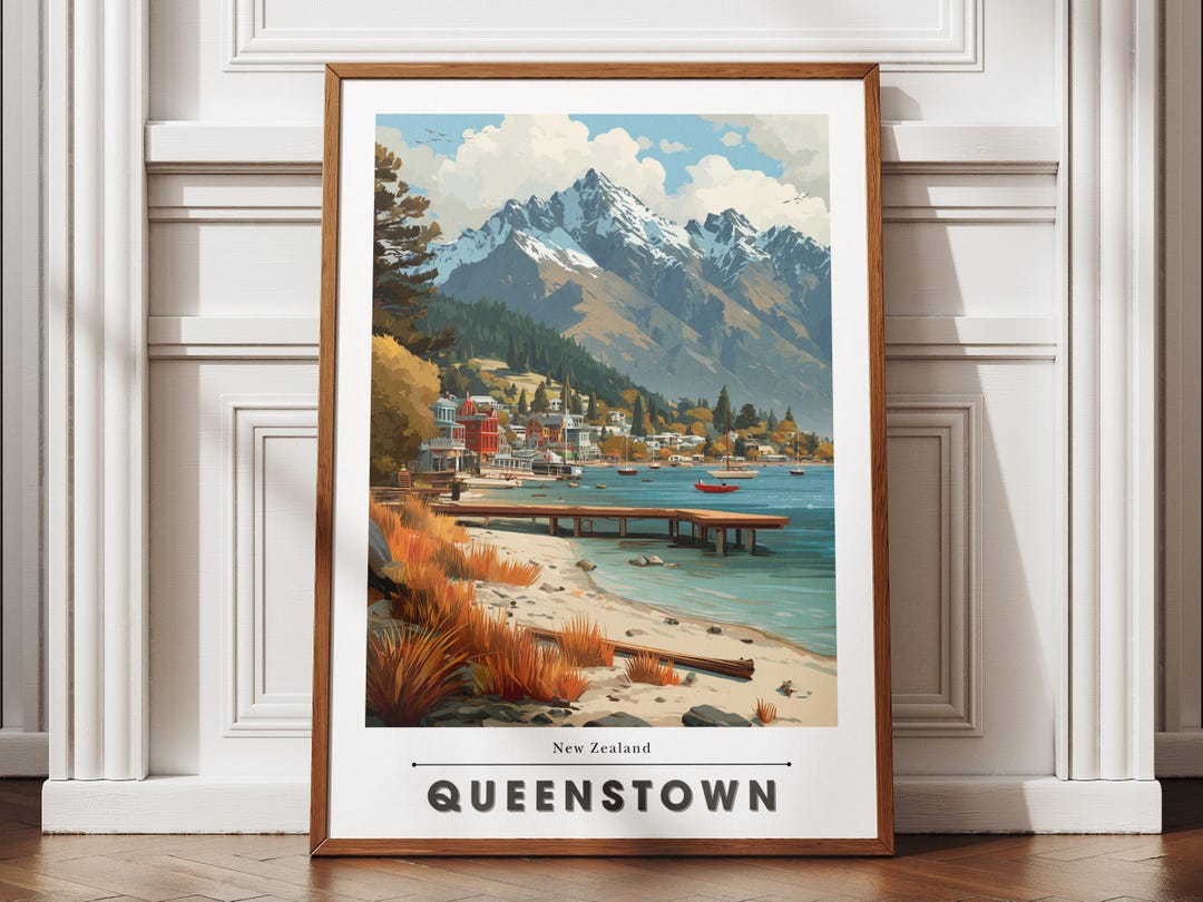 Queenstown Travel Poster – Flat Design Lake & Mountains Wall Art Print ...