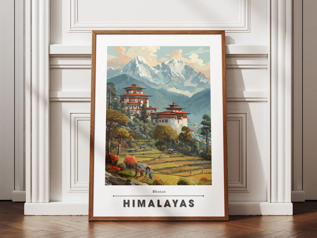 Bhutan Travel Poster – Flat Design Himalayan Dzong, Terraced Fields ...