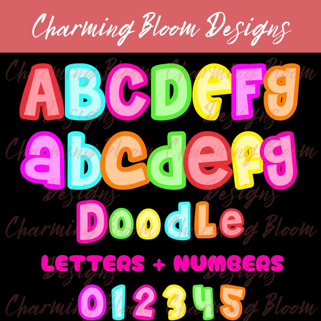 Preppy Letters & Numbers PNG Bundle, 7 Colors Doodle Alphabet Clipart ...