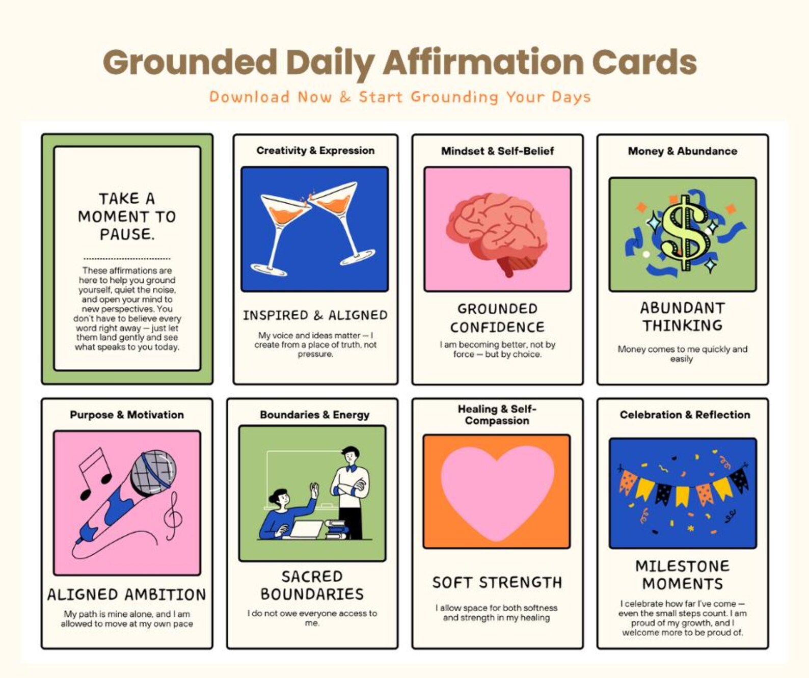 Grounded Daily Affirmation Cards, Self-care & Mindset Deck (digital ...