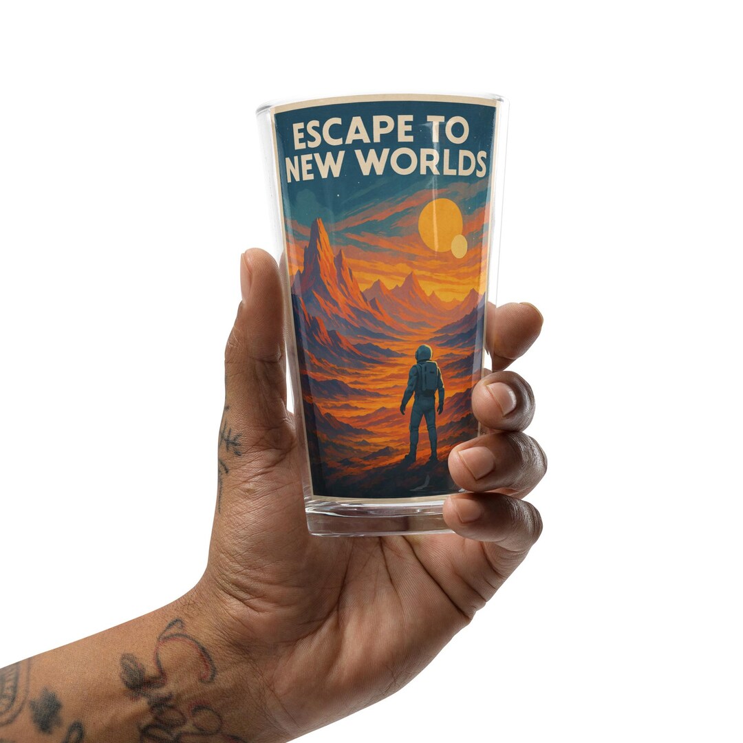 Retro Sci-fi Pint Glass – “escape to New Worlds” Space Travel Design ...